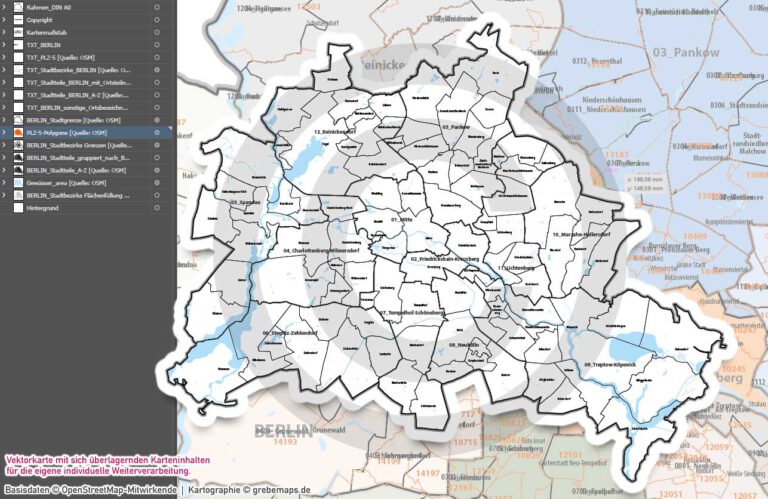 Berlin Basiskarte Postleitzahlen PLZ-5 Stadtbezirke Stadtteile Vektorkarte