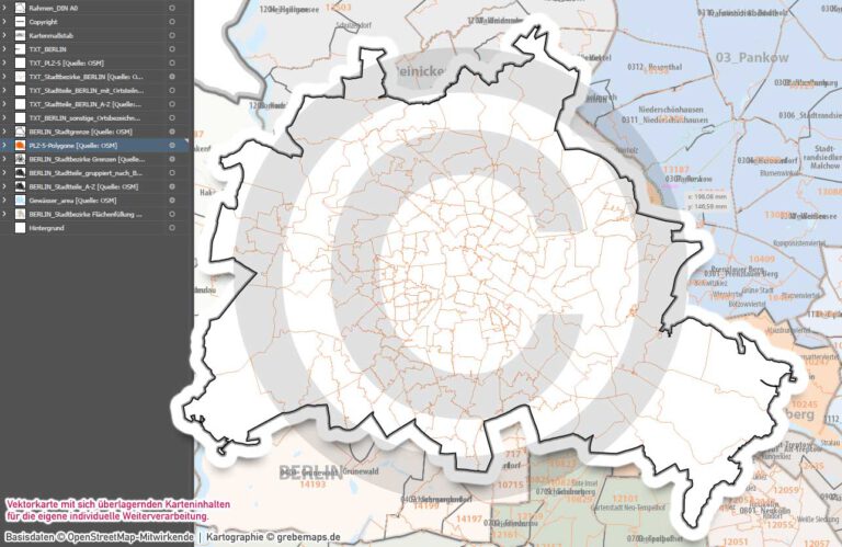 Berlin Basiskarte Postleitzahlen PLZ-5 Stadtbezirke Stadtteile Vektorkarte