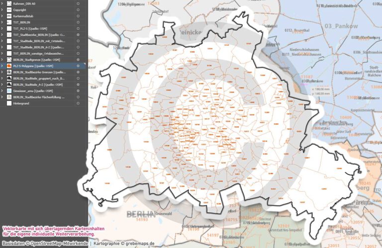 Berlin Basiskarte Postleitzahlen PLZ-5 Stadtbezirke Stadtteile Vektorkarte