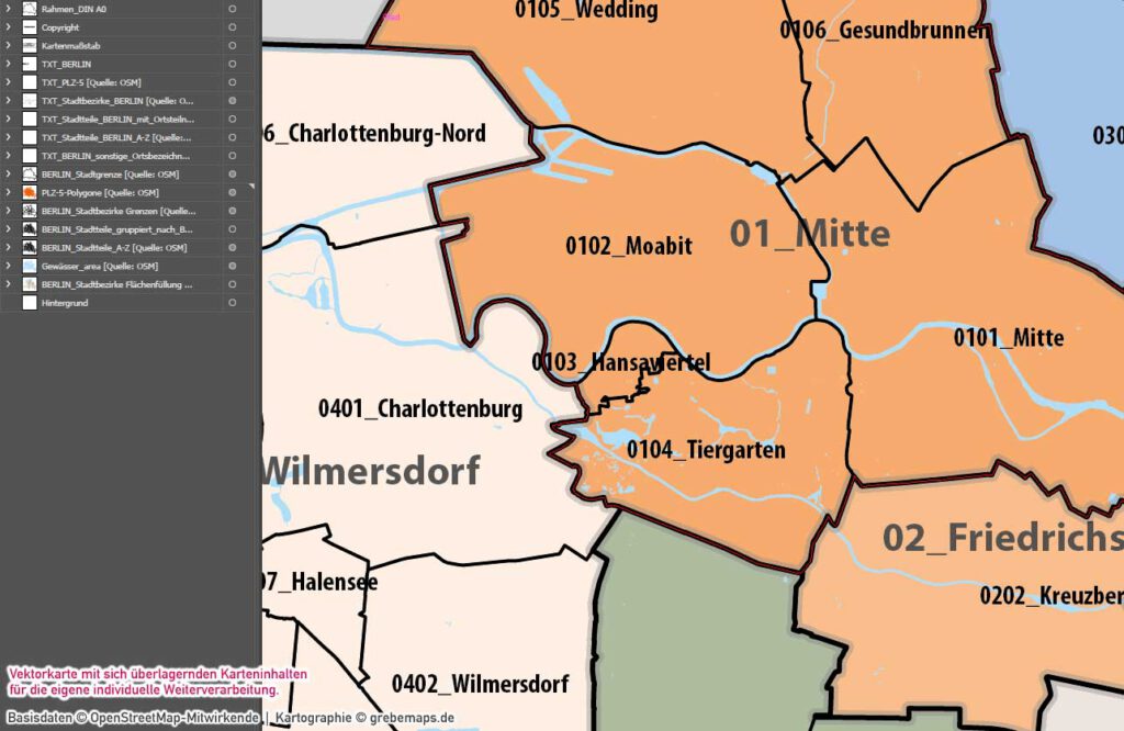Berlin Basiskarte Postleitzahlen PLZ-5 Stadtbezirke Stadtteile Vektorkarte