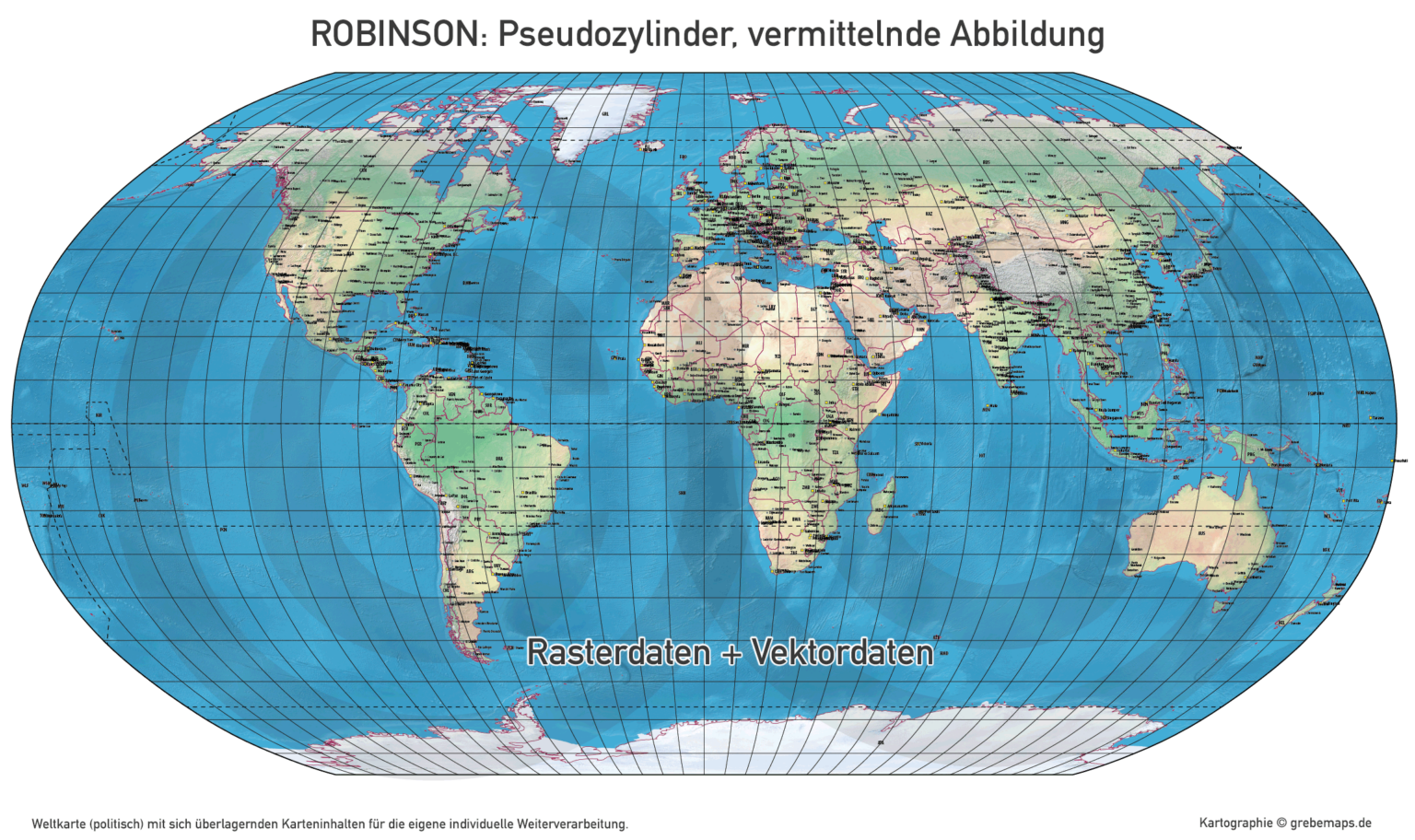 Weltkarte politisch & physisch - Robinson Kartenprojektion - ebenen ...