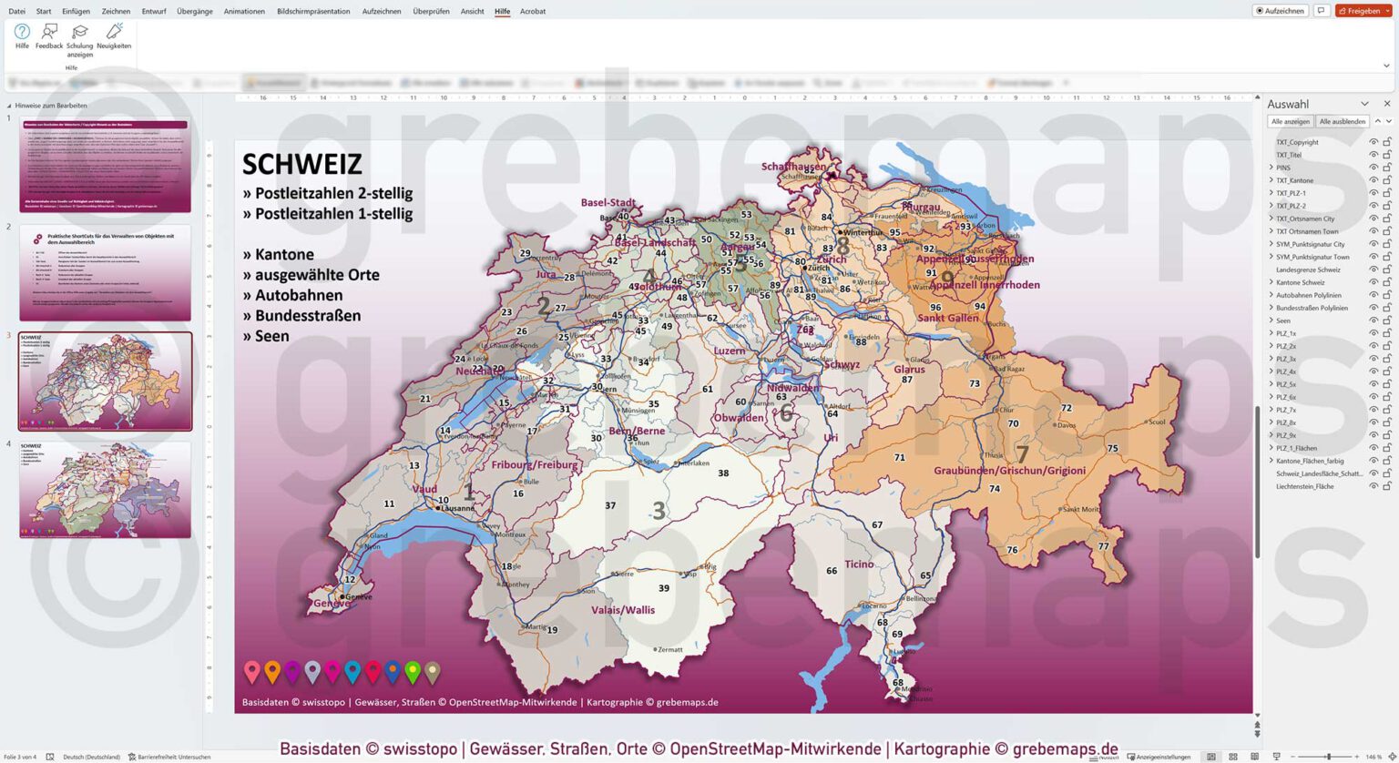PowerPoint-Karte Schweiz Postleitzahlen PLZ-2 Kantone Vektorkarte
