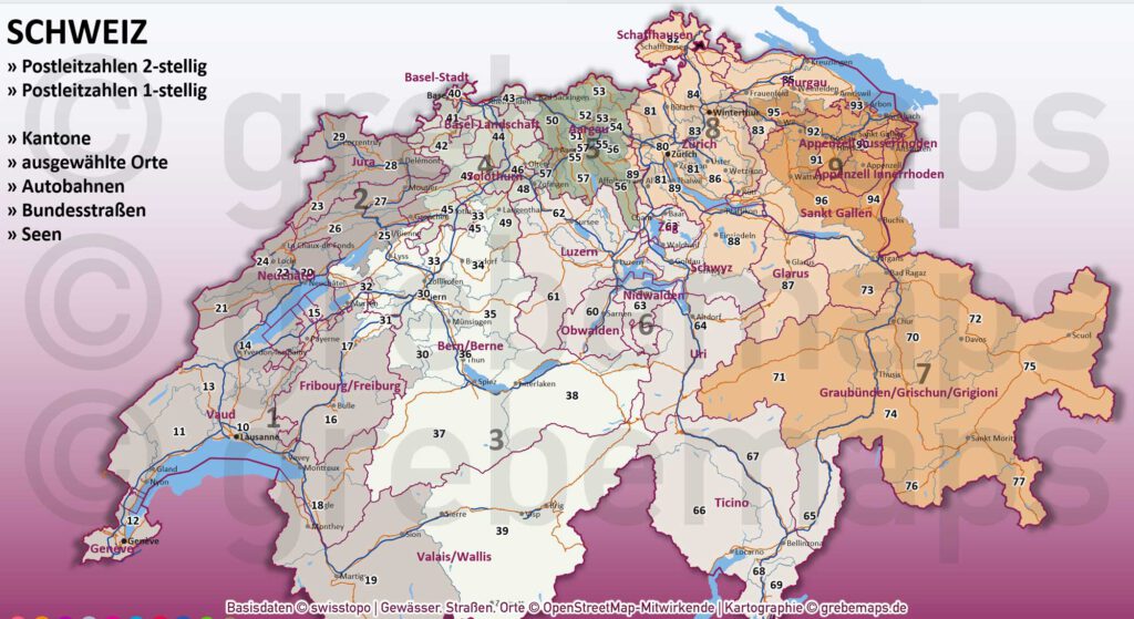 PowerPoint-Karte Schweiz Postleitzahlen PLZ-2 Kantone Vektorkarte