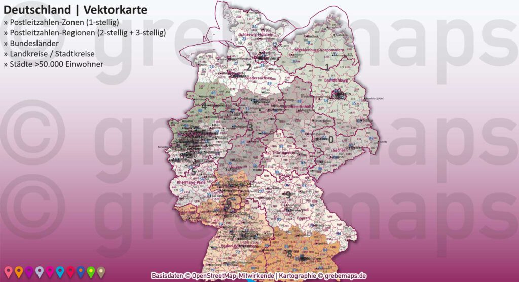 Deutschland PowerPoint-Karte Postleitzahlen PLZ-1-2-3 Landkreise