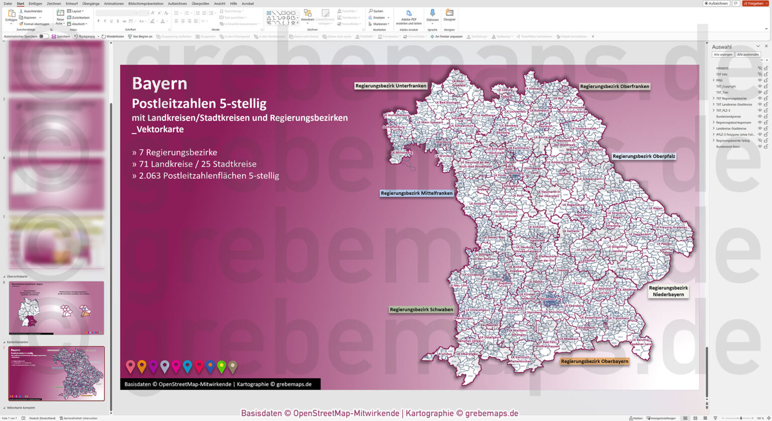 PowerPoint-Karte Bayern Postleitzahlen PLZ 5-stellig Landkreise ...