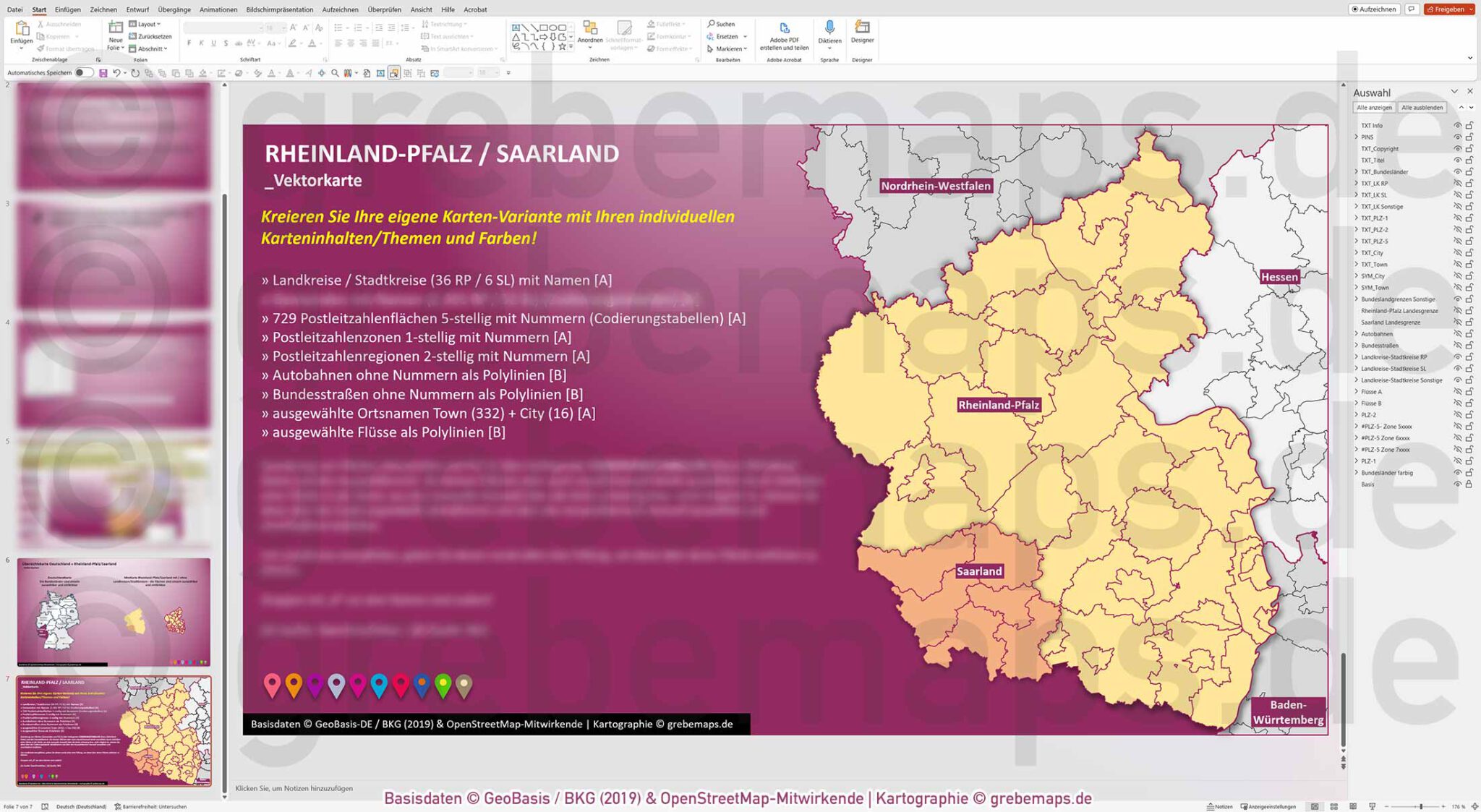 PowerPoint-Karte Rheinland-Pfalz / Saarland Postleitzahlen PLZ 1-2-5 ...