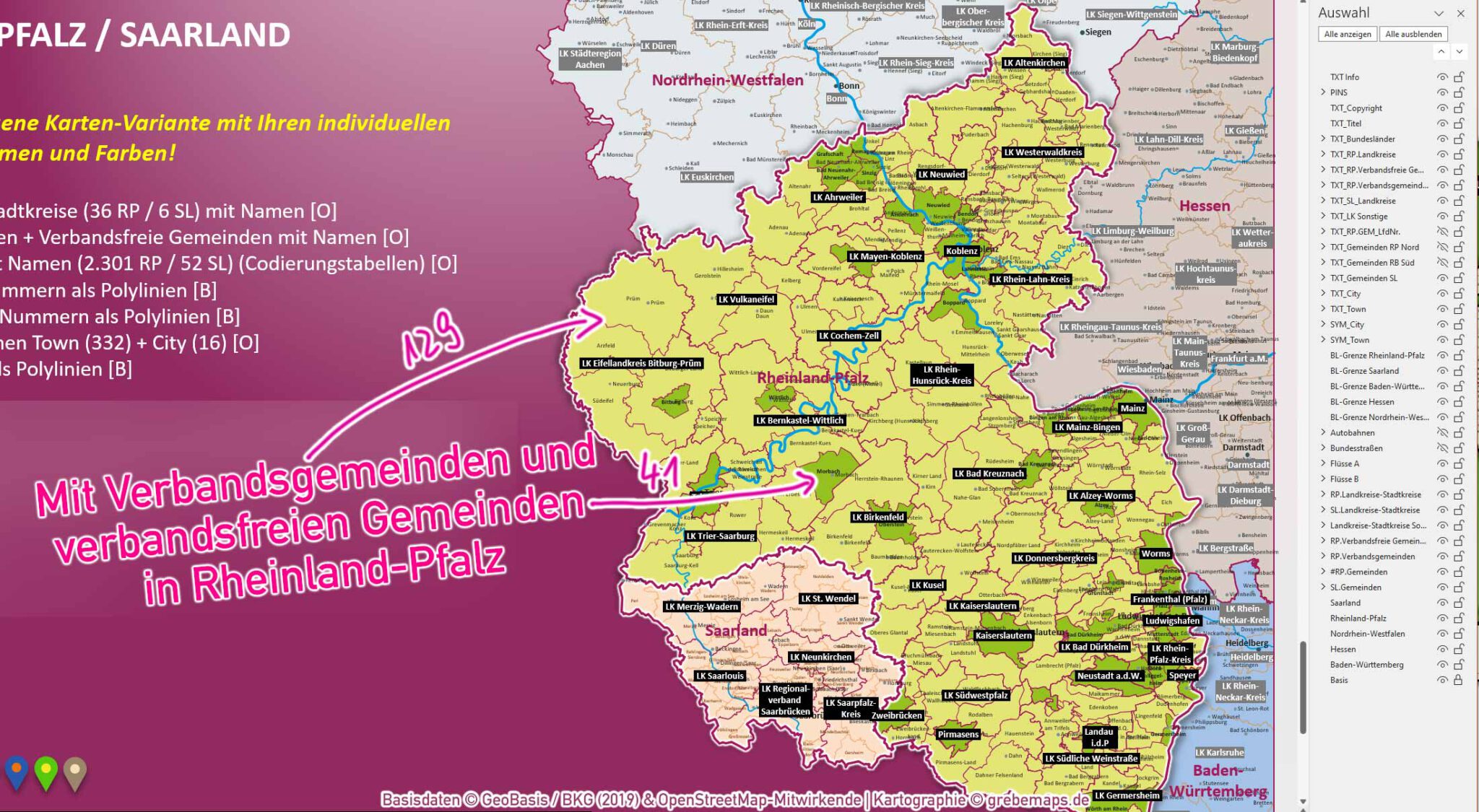 PowerPoint-Karte Rheinland-Pfalz / Saarland Gemeinden Landkreise einfärbbar bearbeitbar download ...