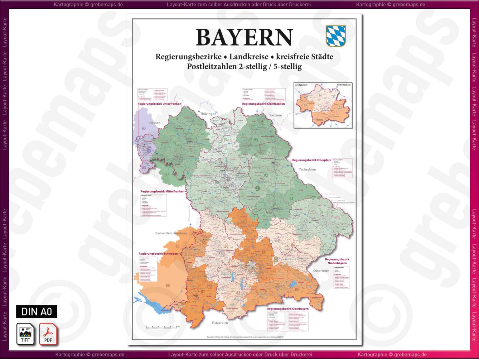 Bayern Layout-Karte Regierungsbezirke Landkreise kreisfreie Städte ...