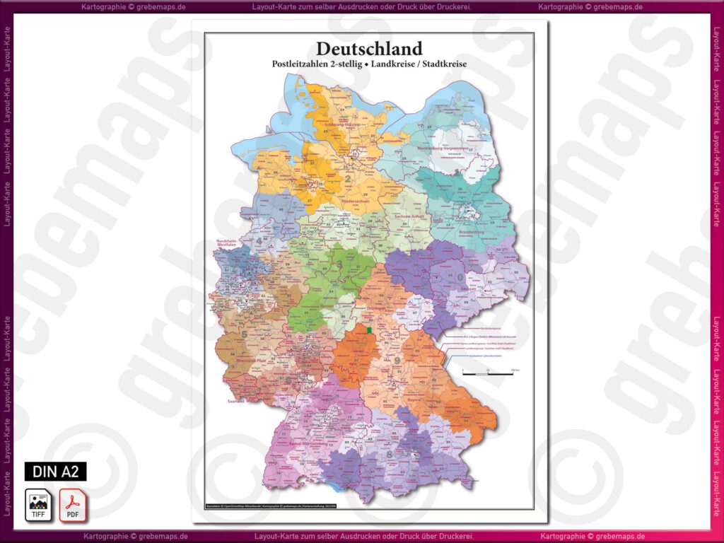 Deutschland Layout-Karte Postleitzahlen PLZ 2-stellig Landkreise ...