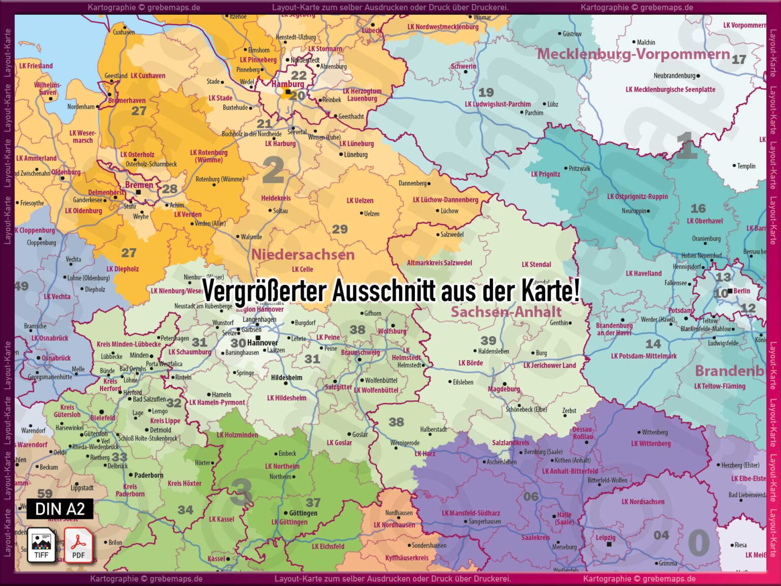 Deutschland Layout-Karte Postleitzahlen PLZ 2-stellig Landkreise ...