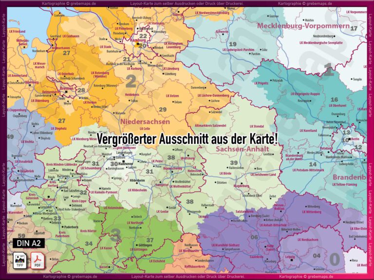 Deutschland Layout-Karte Postleitzahlen PLZ 2-stellig Landkreise ...