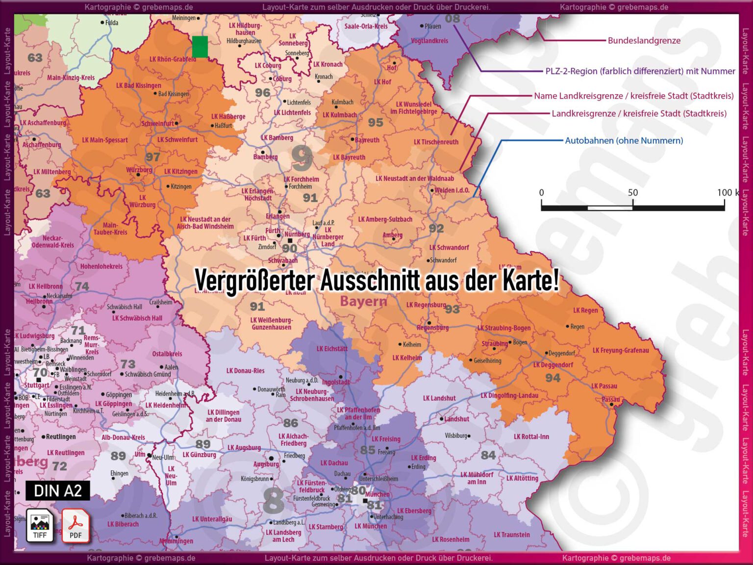 Deutschland Layout-Karte Postleitzahlen PLZ 2-stellig Landkreise ...