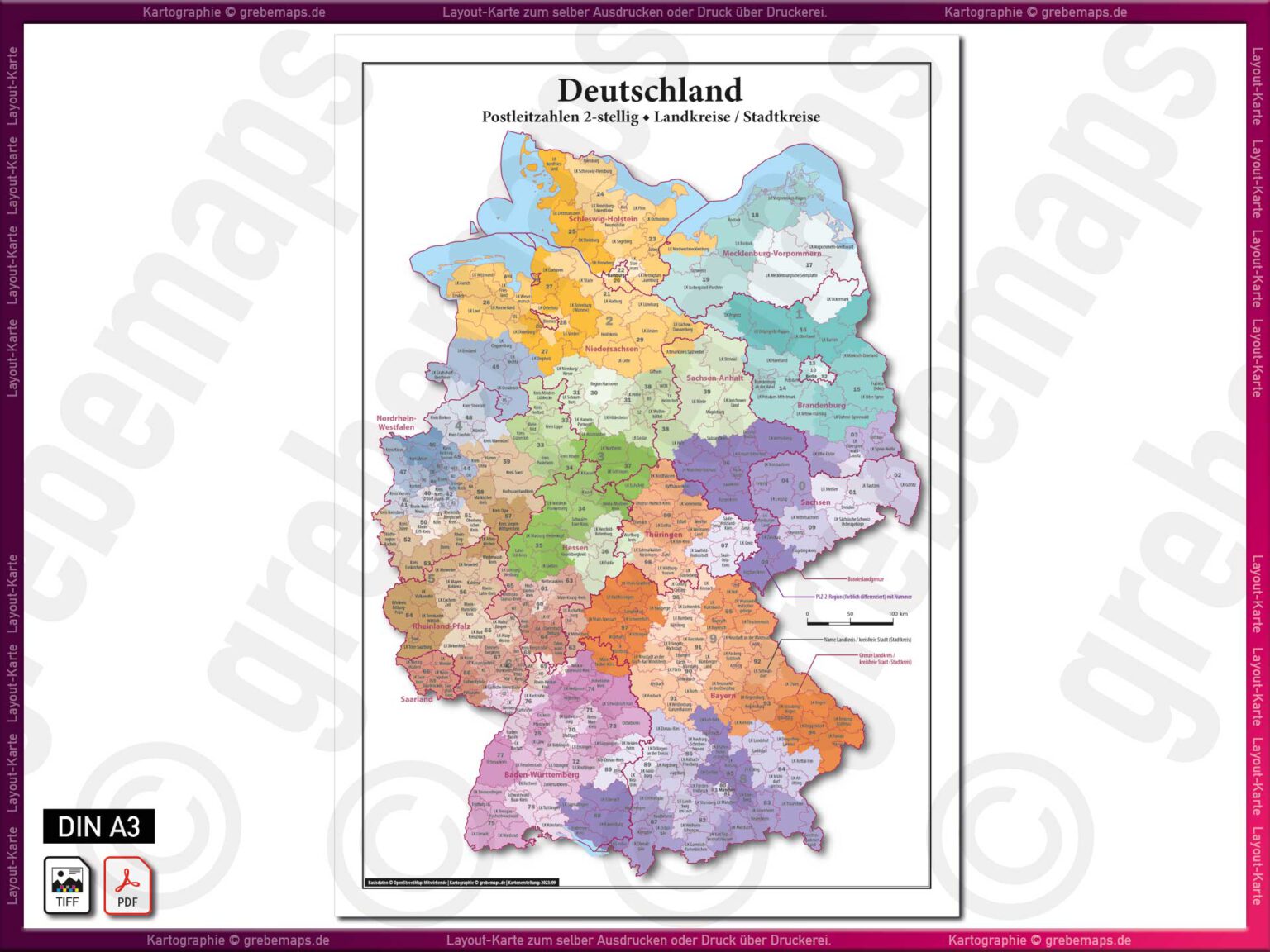 Deutschland Layout-Karte Postleitzahlen PLZ 2-stellig Landkreise ...