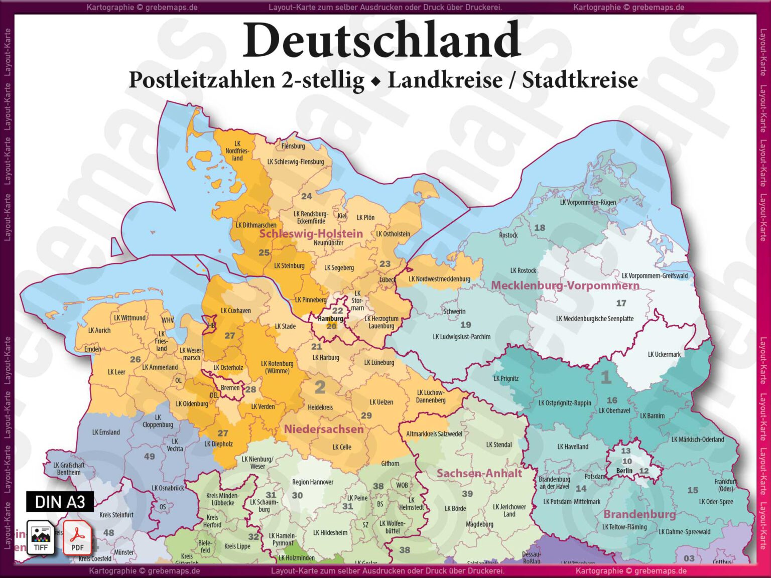 Deutschland Layout-Karte Postleitzahlen PLZ 2-stellig Landkreise ...