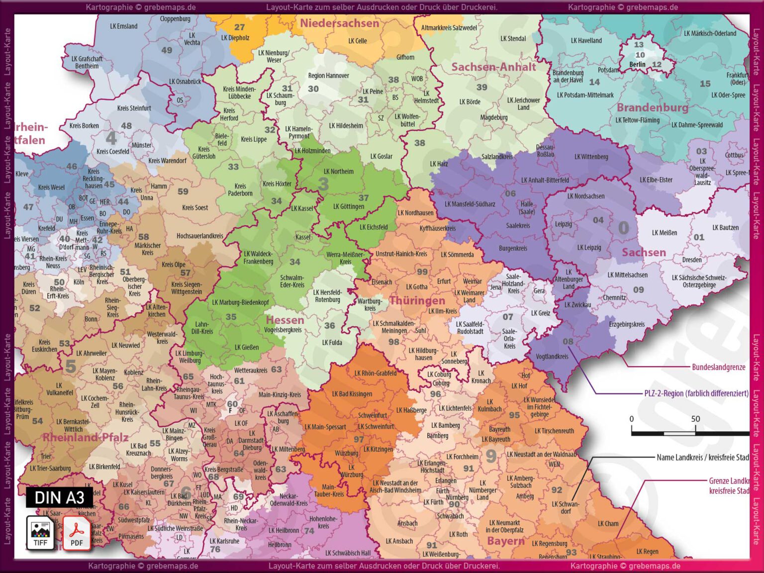 Deutschland Layout-Karte Postleitzahlen PLZ 2-stellig Landkreise ...