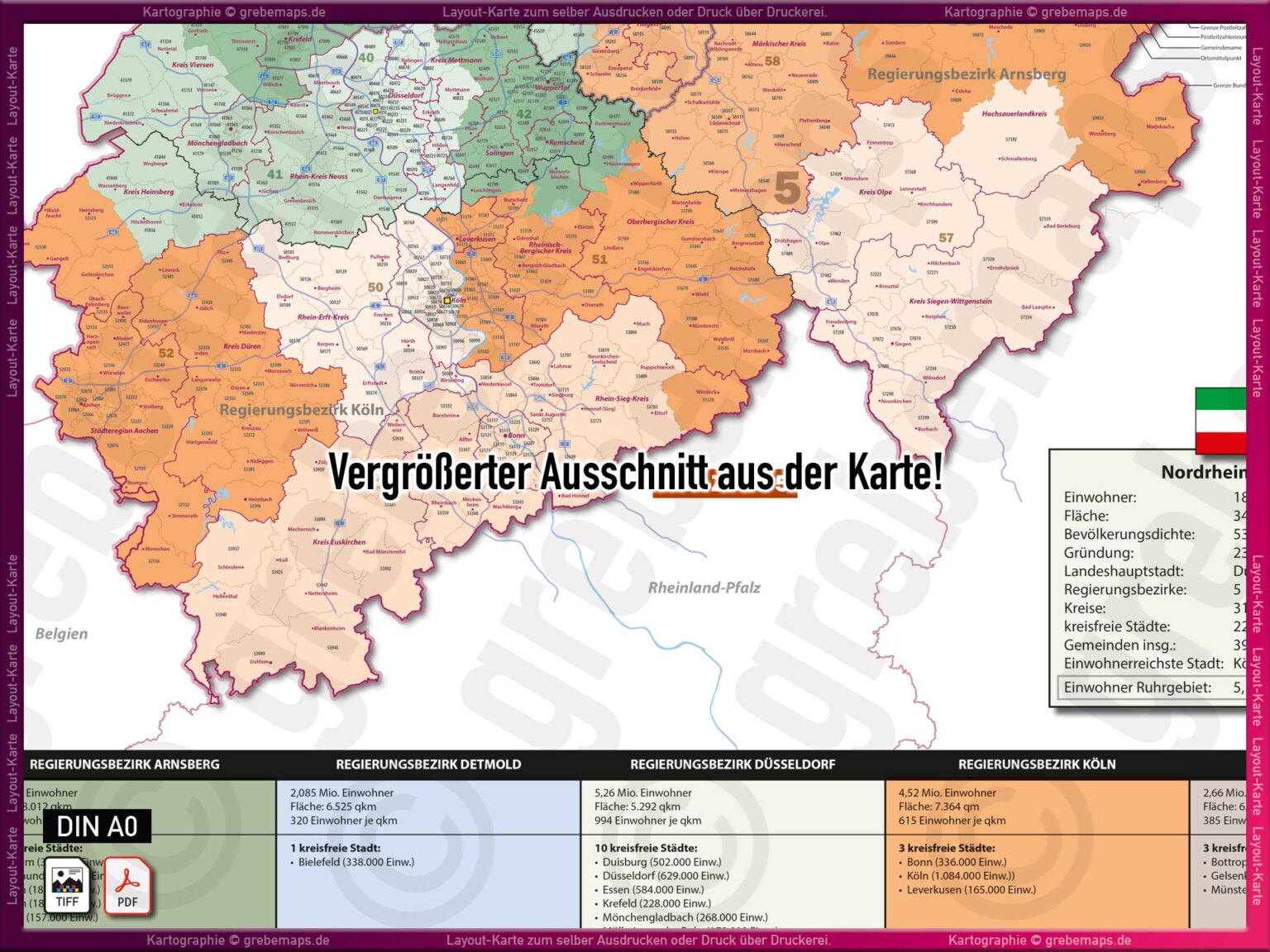Nordrhein-Westfalen NRW Layout-Karte Regierungsbezirke Landkreise ...