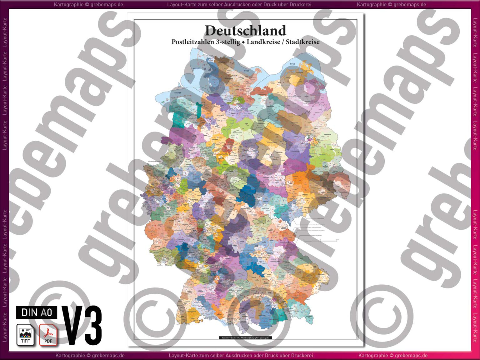 Deutschland Layout-Karte Postleitzahlen PLZ 3-stellig Landkreise ...