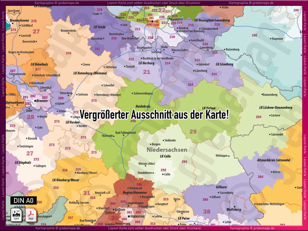Deutschland Layout-Karte Postleitzahlen PLZ 3-stellig Landkreise ...