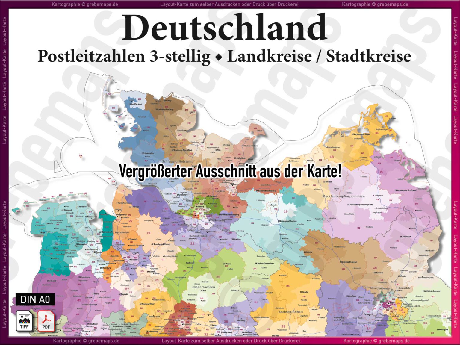 Deutschland Layout-Karte Postleitzahlen PLZ 3-stellig Landkreise ...