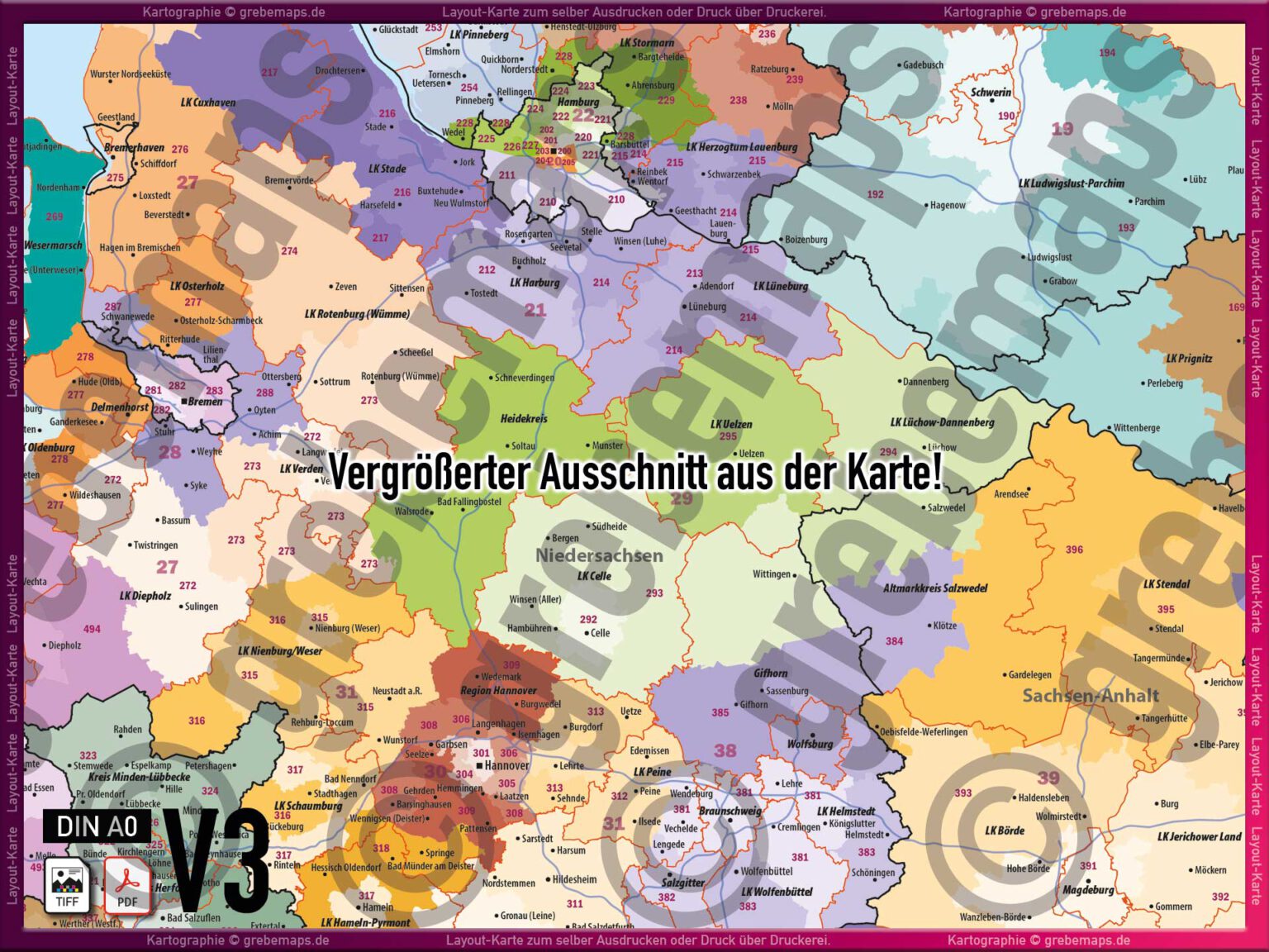 Deutschland Layout-Karte Postleitzahlen PLZ 3-stellig Landkreise Landkarte - DIN A0 - Druckdatei ...