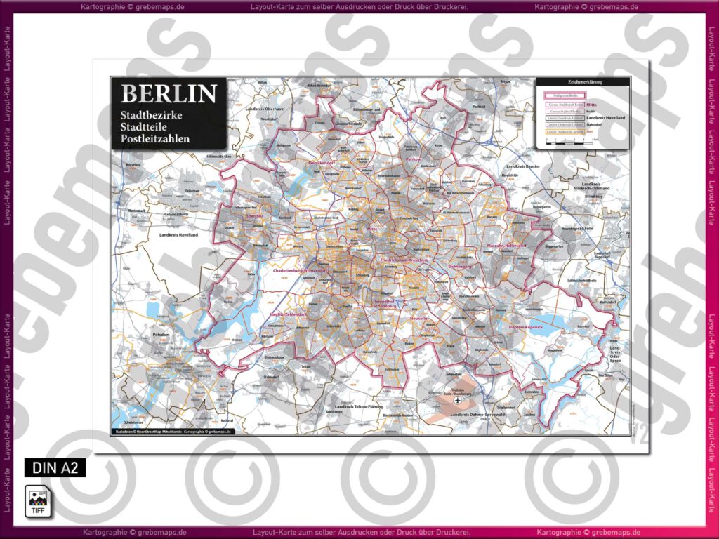 Berlin Layout-Karte Postleitzahlen PLZ 5-stellig Stadtteile ...