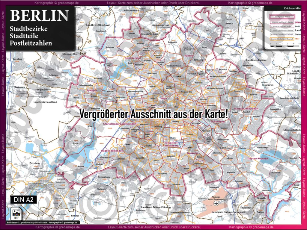 Berlin Layout-Karte Postleitzahlen PLZ 5-stellig Stadtteile Stadtbezirke Landkarte - DIN A2 ...