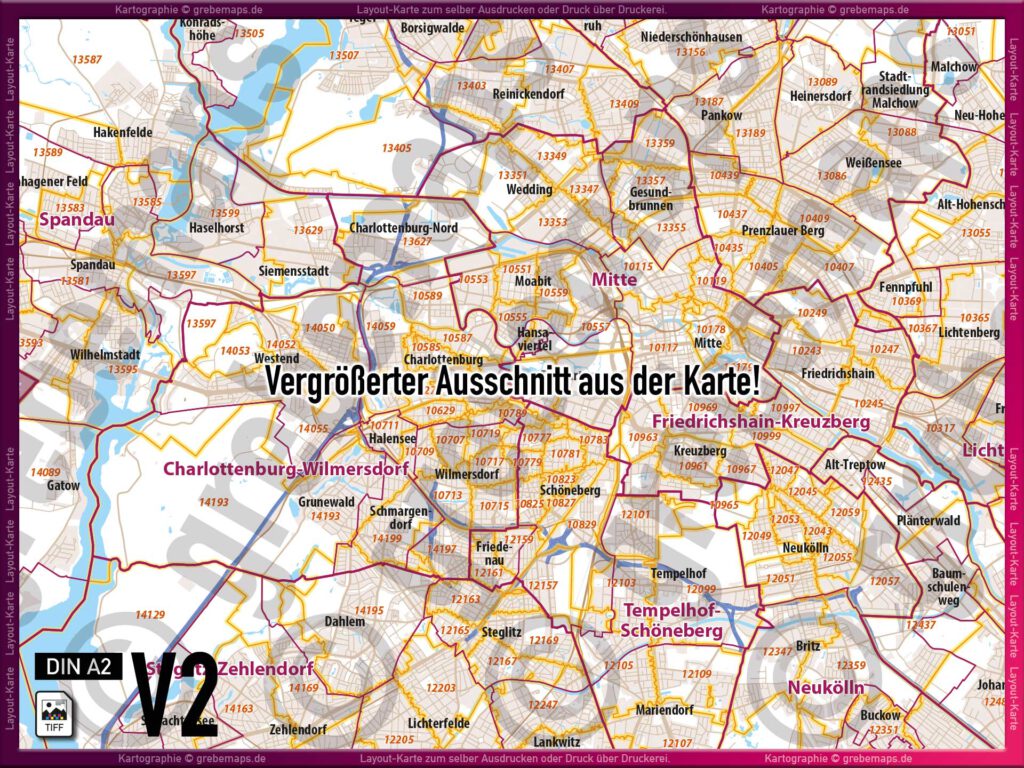 Berlin Layout-Karte Postleitzahlen PLZ 5-stellig Stadtteile ...