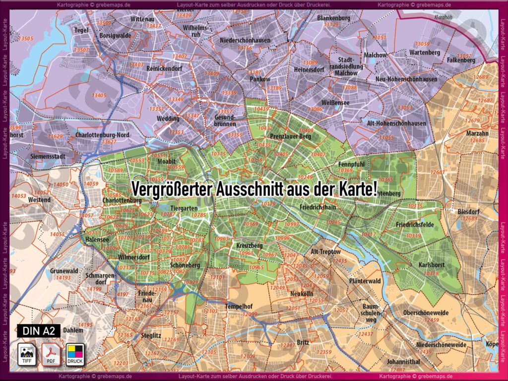 Berlin Layout-Karte Postleitzahlen PLZ 5-stellig Landkarte - DIN A2 ...