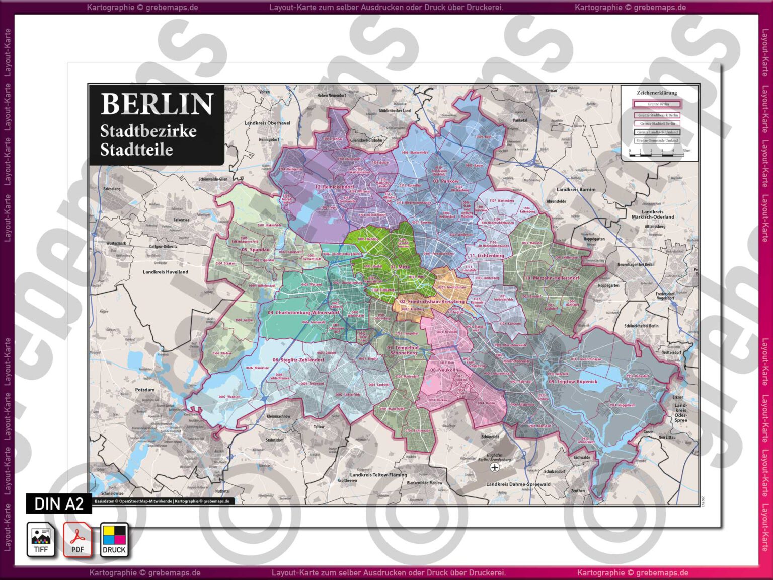 Berlin Layout-Karte Stadtteile Stadtbezirke Landkarte Stadtplan - DIN ...