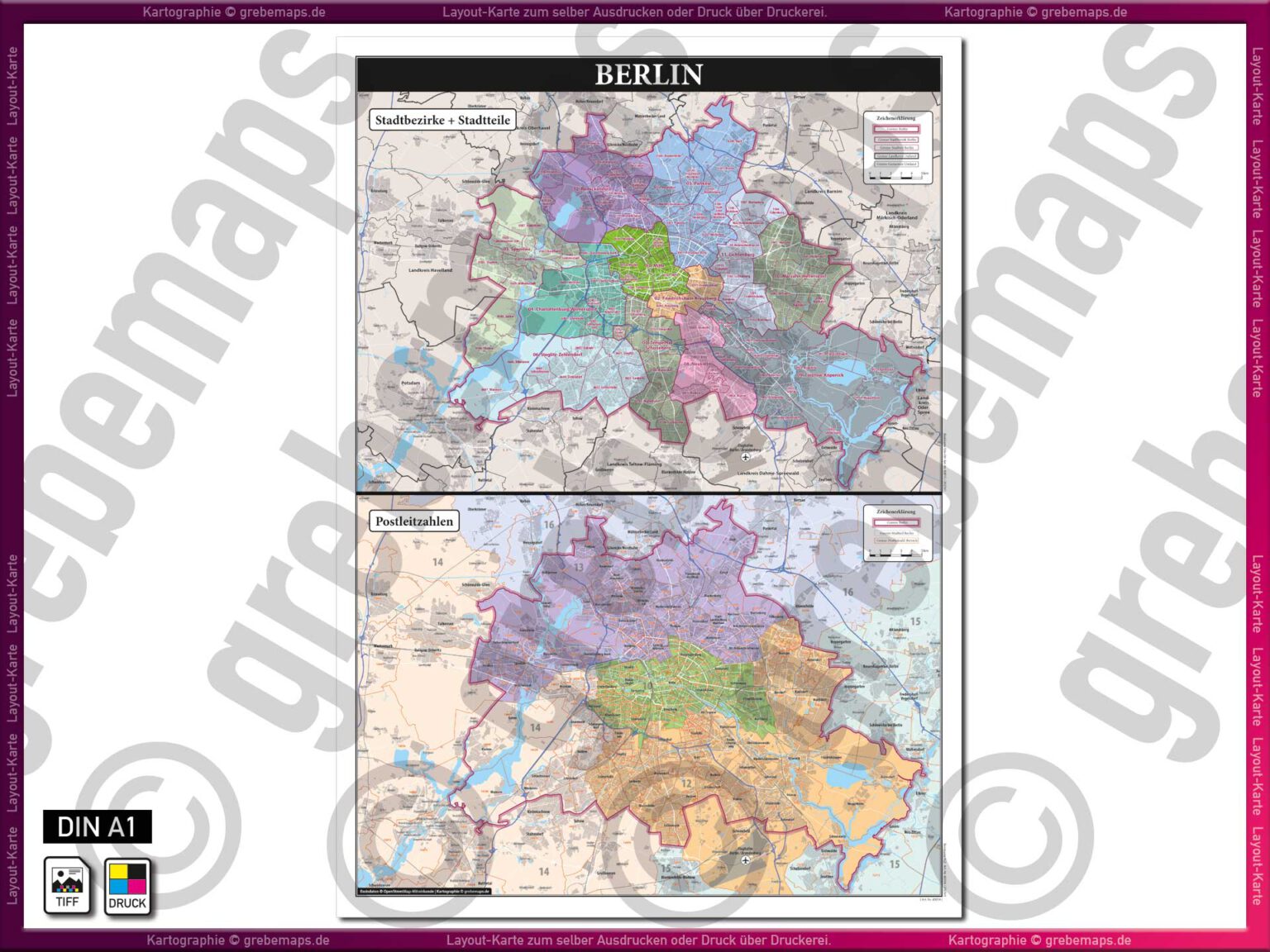 Berlin Layout-Karte Stadtteile Stadtbezirke Landkarte Stadtplan - DIN ...