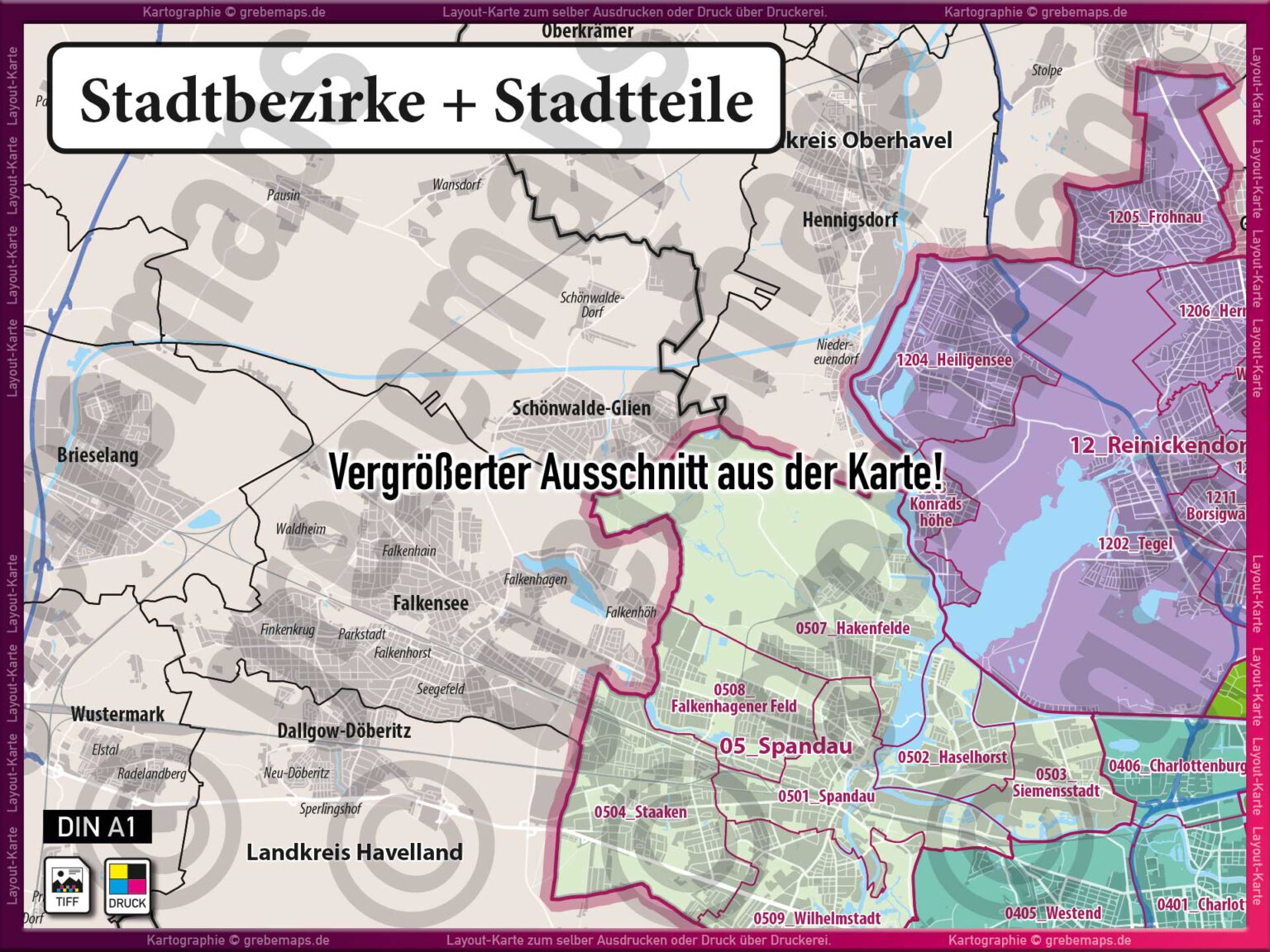 Berlin Layout-Karte Stadtteile Stadtbezirke Landkarte Stadtplan - DIN ...