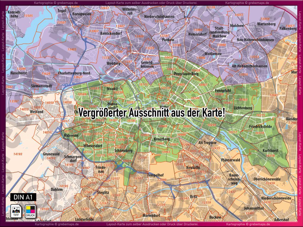 Berlin Layout-Karte Stadtteile Stadtbezirke Landkarte Stadtplan - DIN ...
