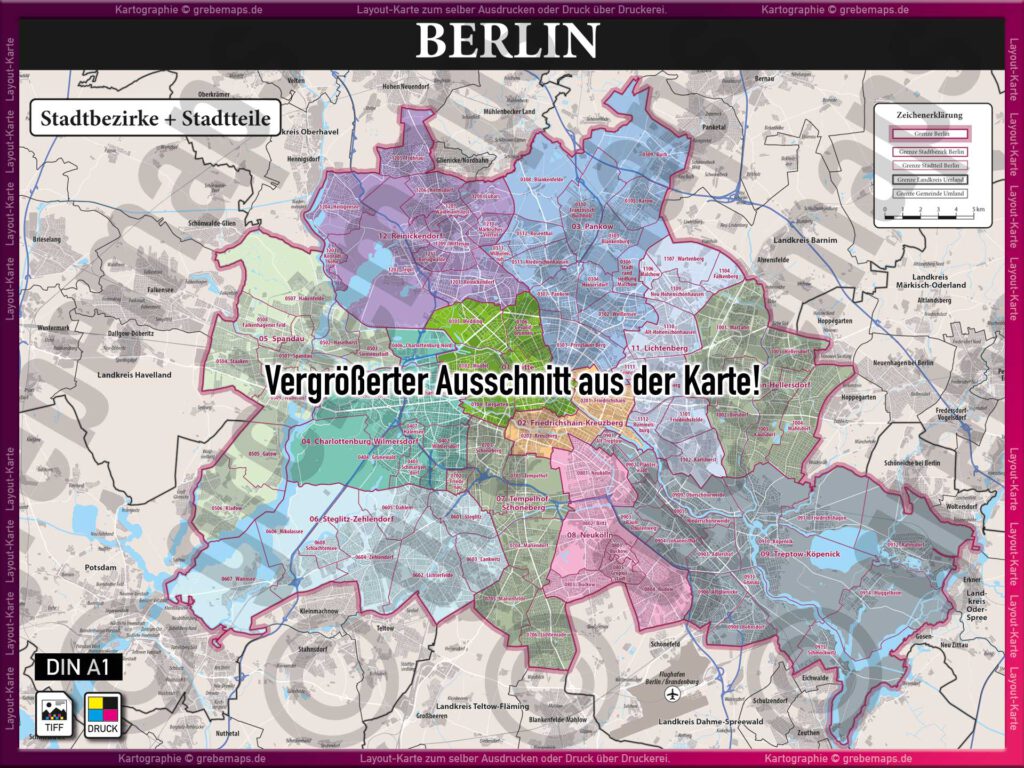 Berlin Layout-Karte Stadtteile Stadtbezirke Landkarte Stadtplan - DIN ...