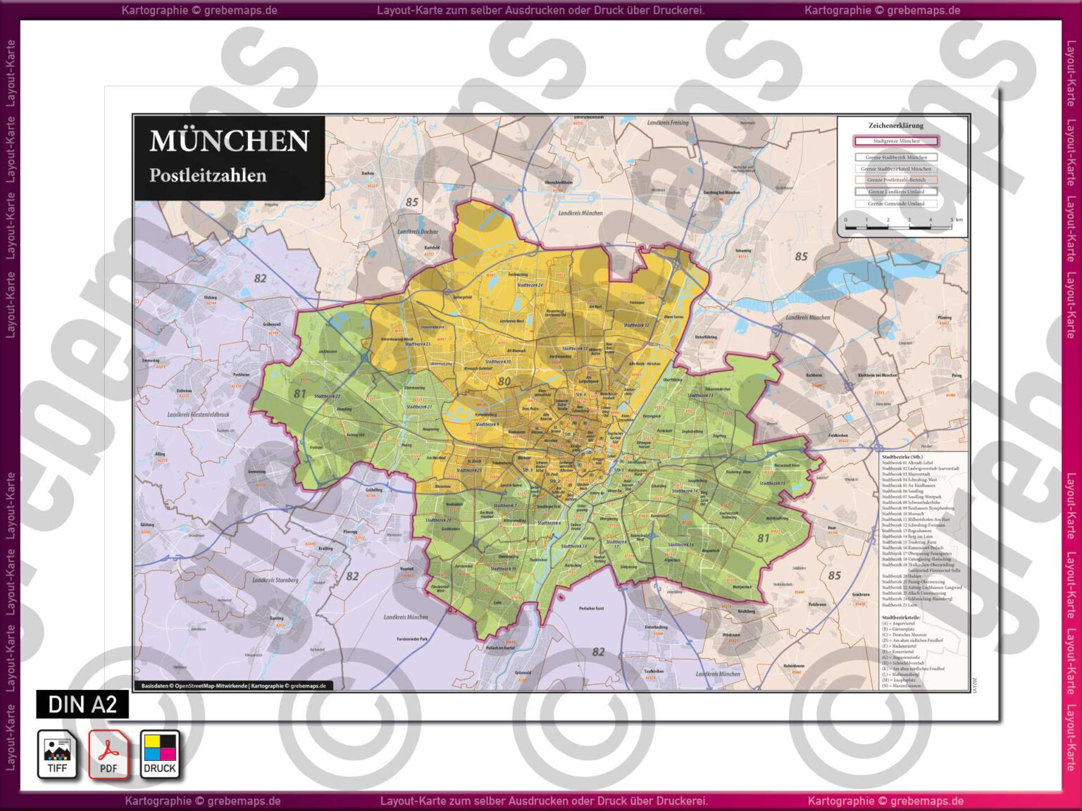 München Layout-Karte Postleitzahlen PLZ 5-stellig Landkarte Stadtplan ...