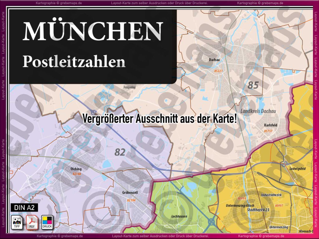 München Layout-Karte Postleitzahlen PLZ 5-stellig Landkarte Stadtplan ...