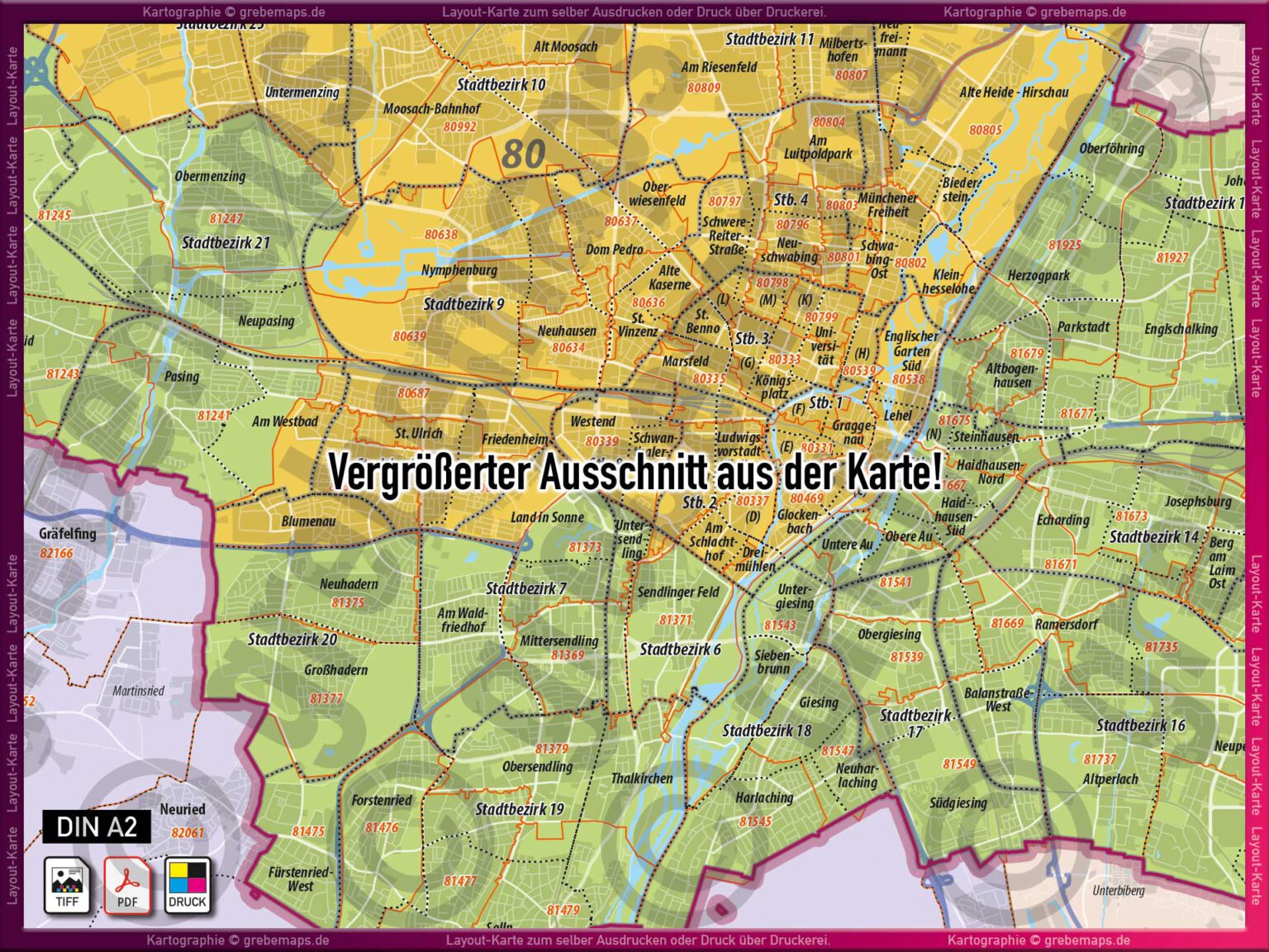 München Layout-Karte Postleitzahlen PLZ 5-stellig Landkarte Stadtplan ...