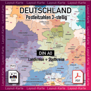 Deutschland Layout-Karte Postleitzahlen PLZ 2-stellig Landkreise ...