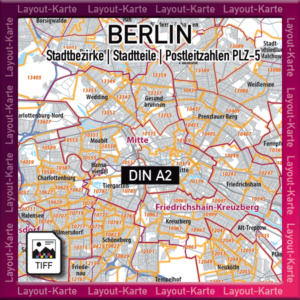 Berlin Layout-Karte Postleitzahlen PLZ 5-stellig Stadtteile Stadtbezirke Landkarte - DIN A2 ...