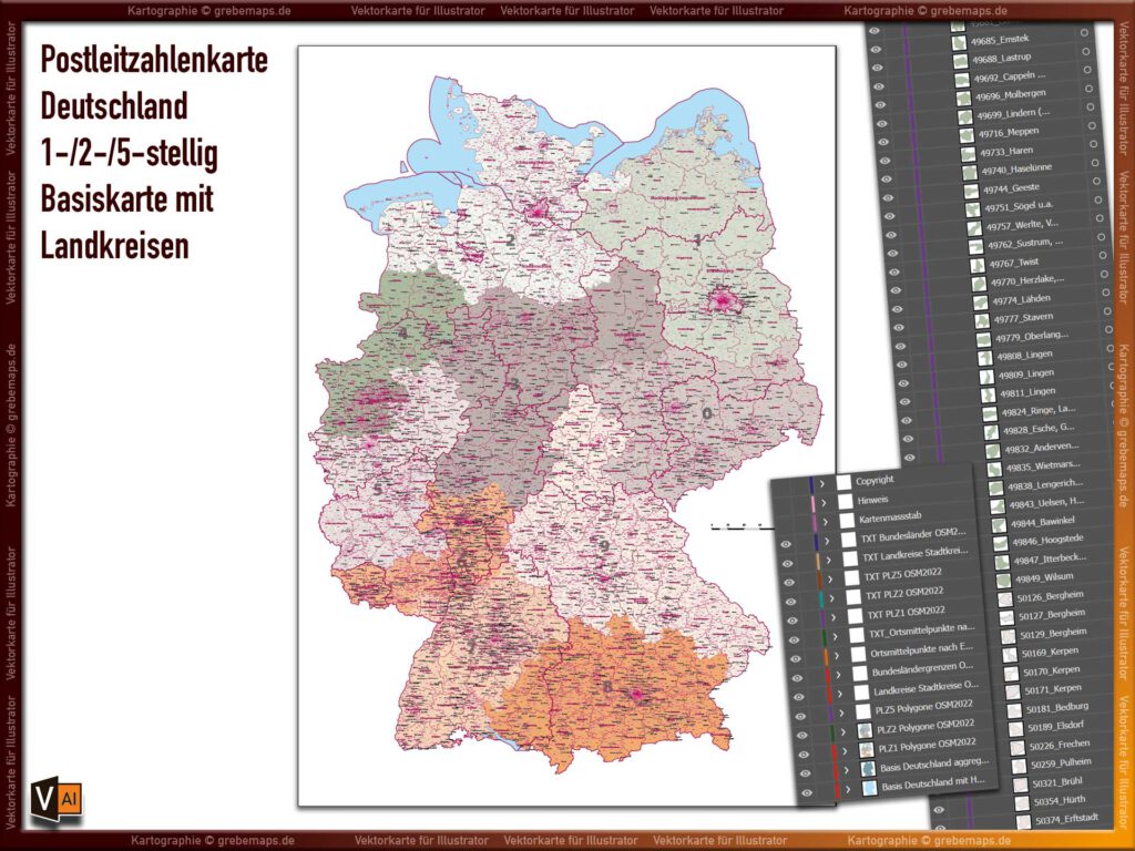 Deutschland Postleitzahlenkarte PLZ-1-2-5 (1-/2-/5-stellig) mit ...