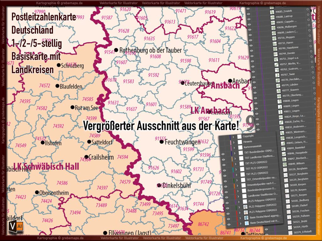 Deutschland Postleitzahlenkarte PLZ-1-2-5 (1-/2-/5-stellig) mit ...