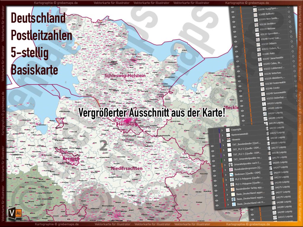 Deutschland Postleitzahlen Karte PLZ-1-5 (1-/5-stellig) - Vektorkarte ...