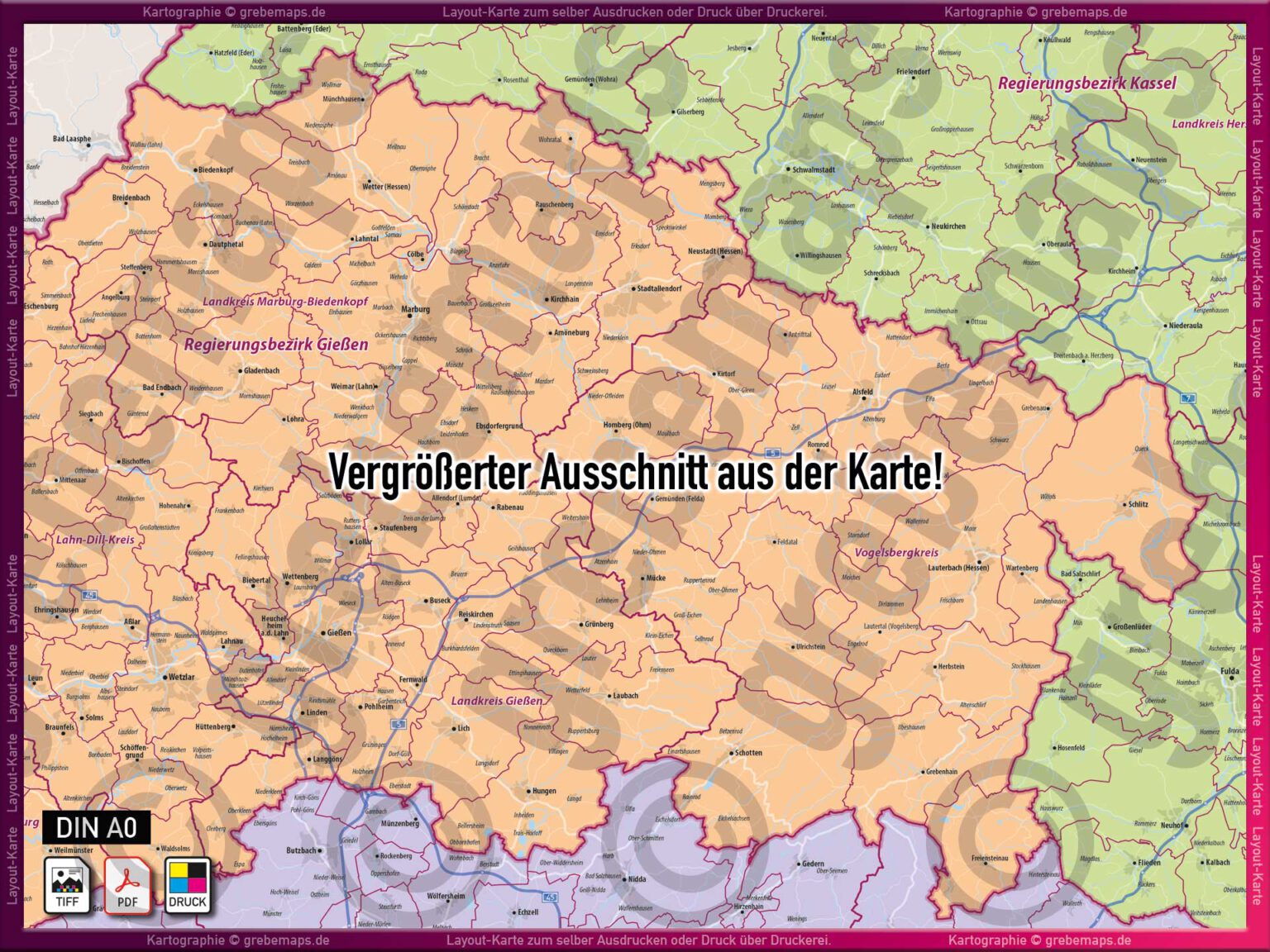 Hessen Layout-Karte Regierungsbezirke Landkreise Gemeinden - DIN A0 ...