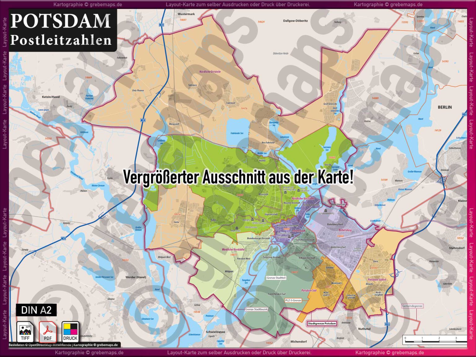 Potsdam Layout-Karte Postleitzahlen PLZ 5-stellig Landkarte Stadtplan ...