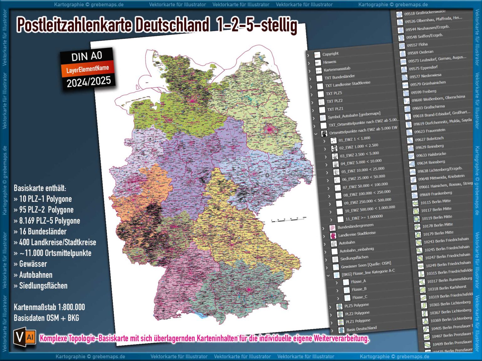 Deutschland Postleitzahlenkarte PLZ-1-2-5 (1-/2-/5-stellig) mit ...