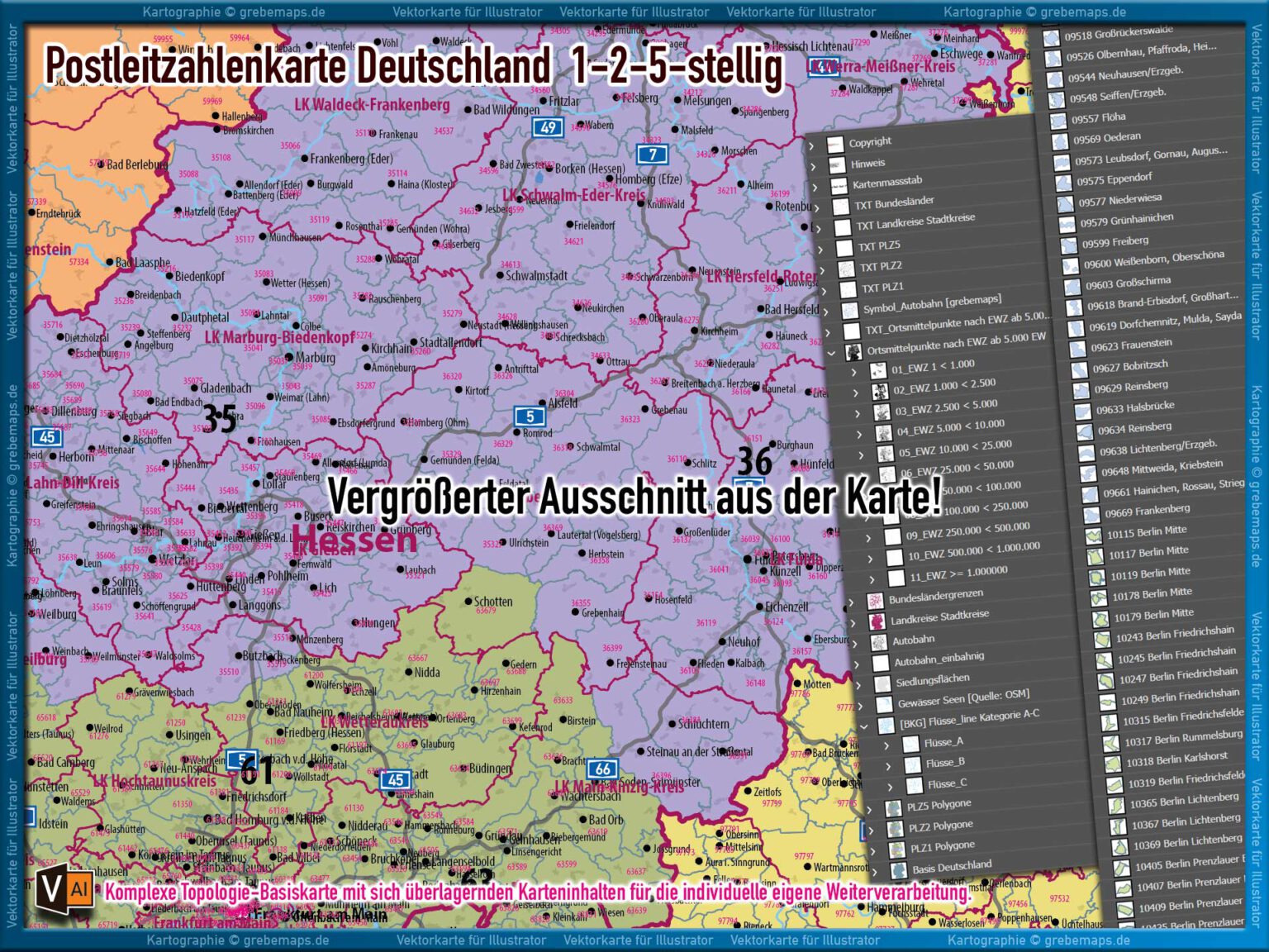 Deutschland Postleitzahlenkarte PLZ-1-2-5 (1-/2-/5-stellig) mit Landkreisen Autobahnen ...