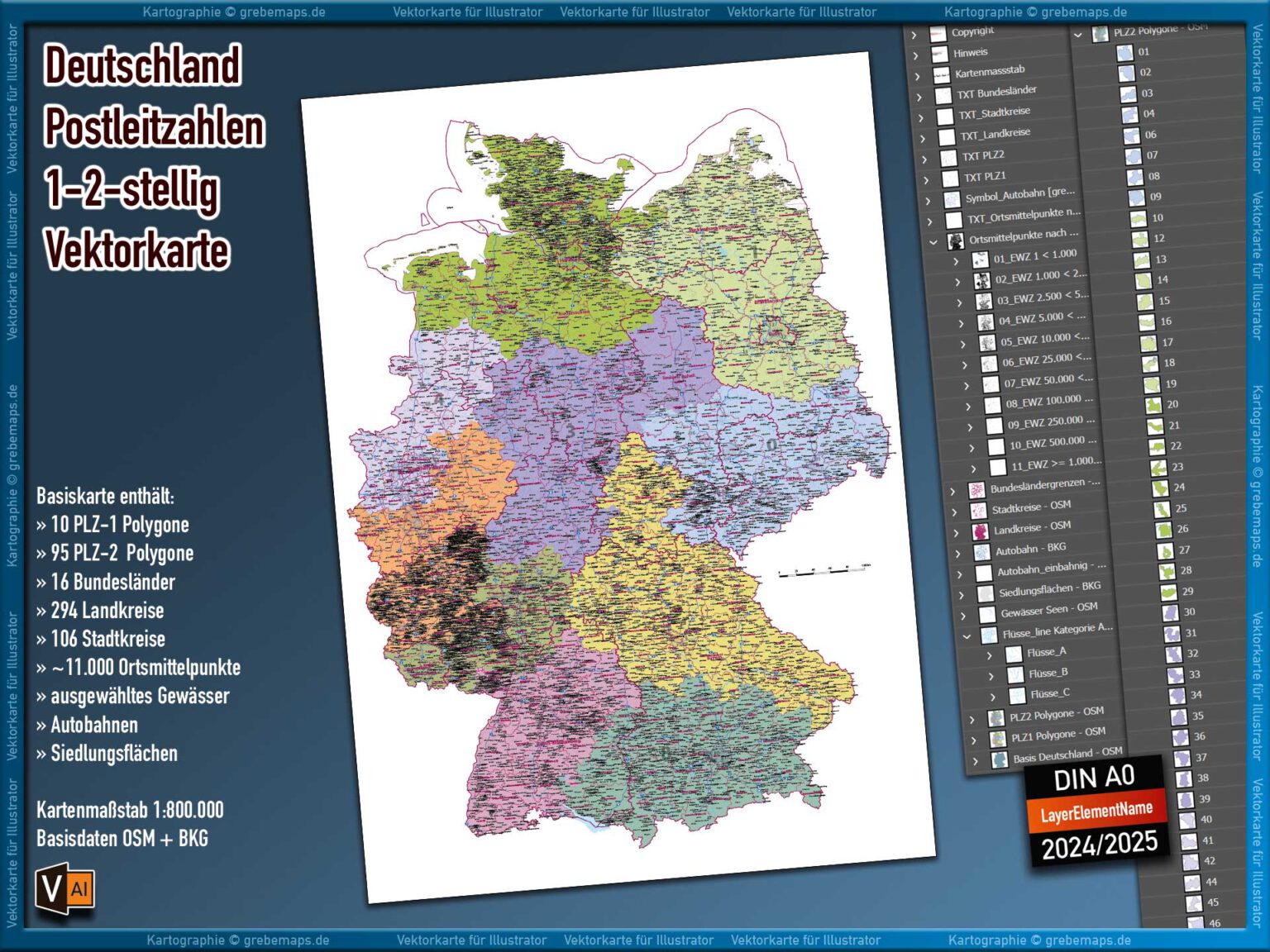 Deutschland Postleitzahlen-Karte PLZ-1-2 (1-/2-stellig) mit Landkreisen ...