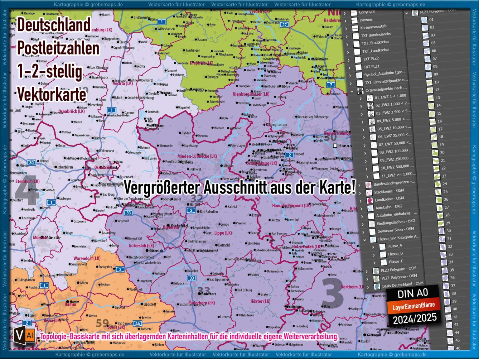 Deutschland Postleitzahlen-Karte PLZ-1-2 (1-/2-stellig) mit Landkreisen Autobahnen ...