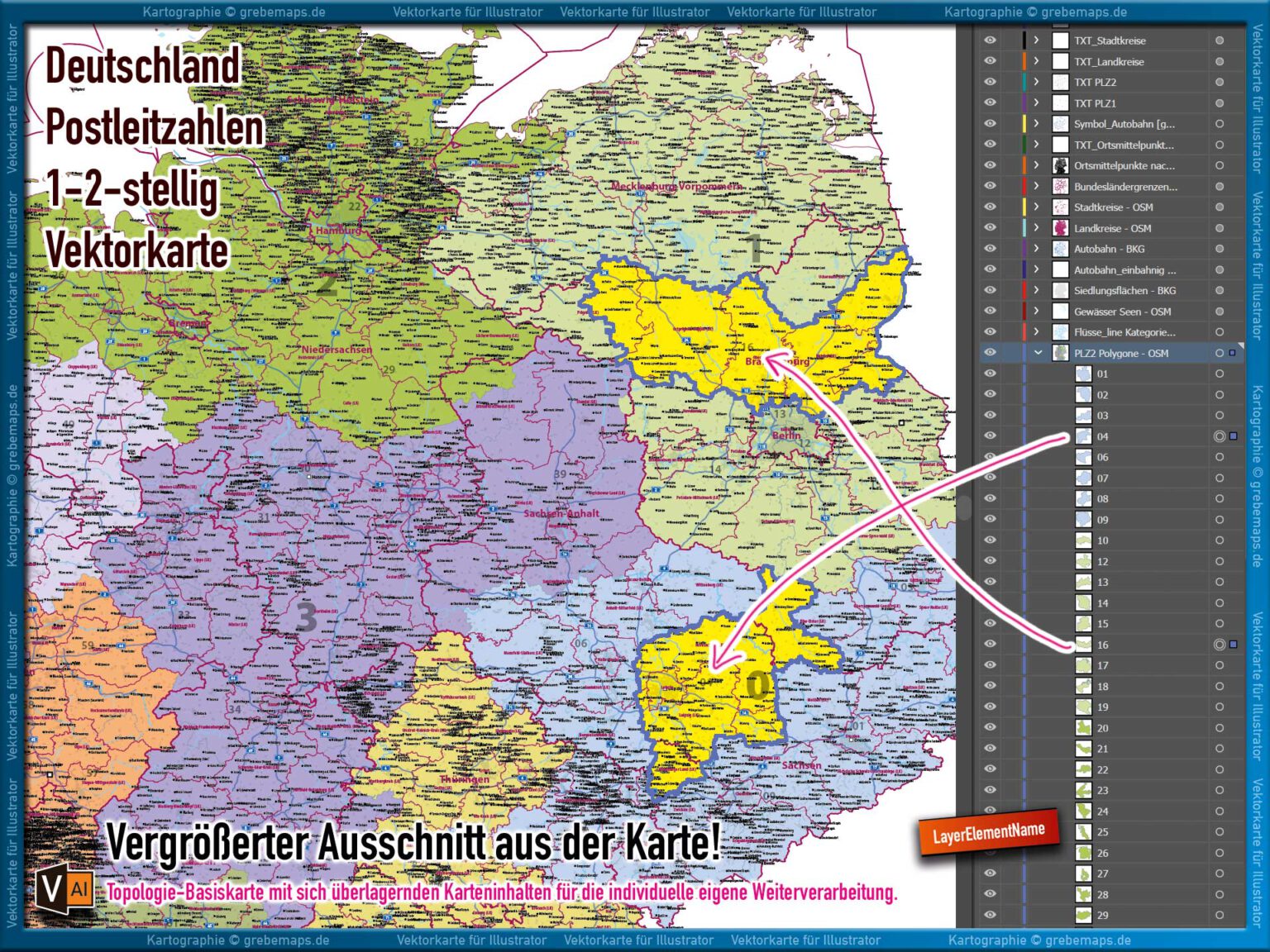 Deutschland Postleitzahlen-Karte PLZ-1-2 (1-/2-stellig) mit Landkreisen ...