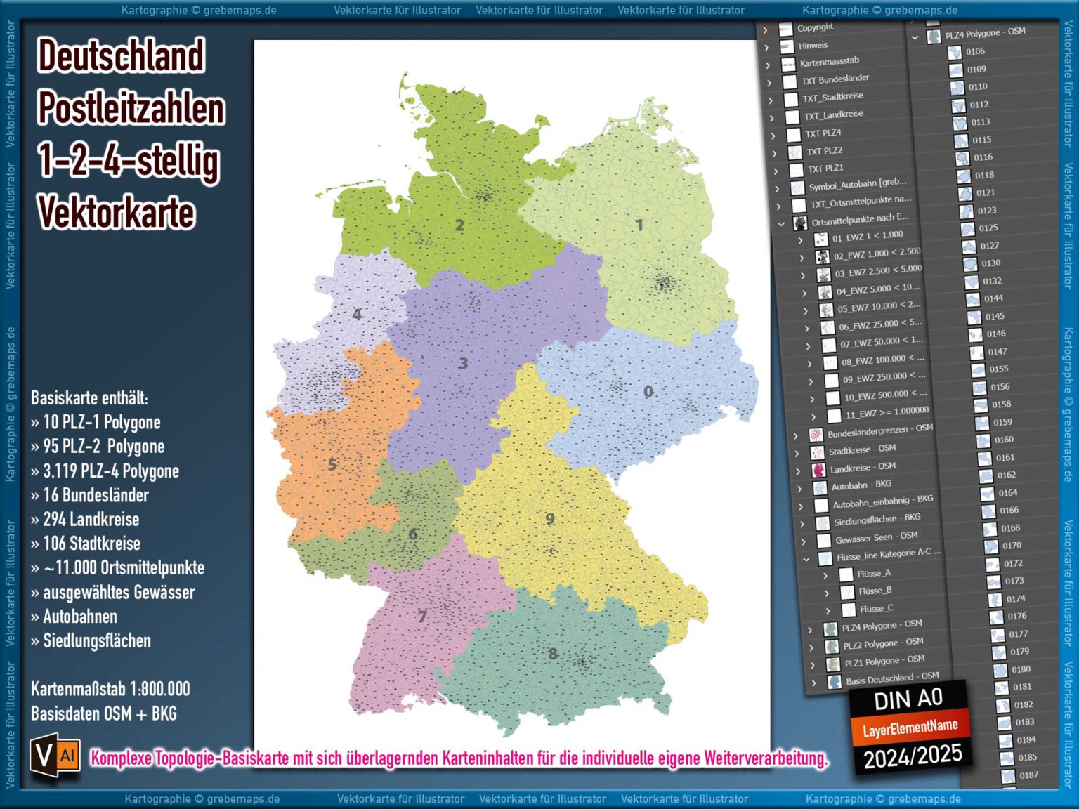 Deutschland Postleitzahlenkarte PLZ-1-2-4 (1-/2-/4-stellig) mit Landkreisen Autobahnen ...