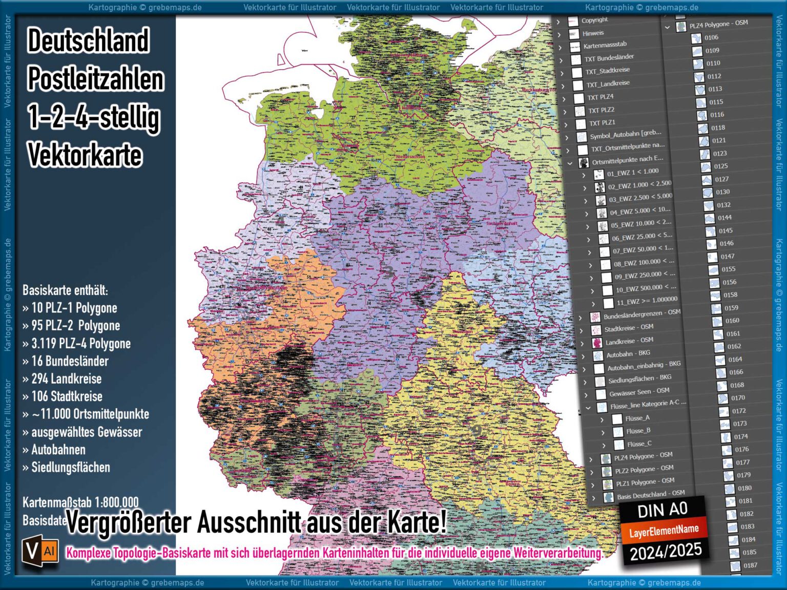 Deutschland Postleitzahlenkarte PLZ-1-2-4 (1-/2-/4-stellig) mit ...